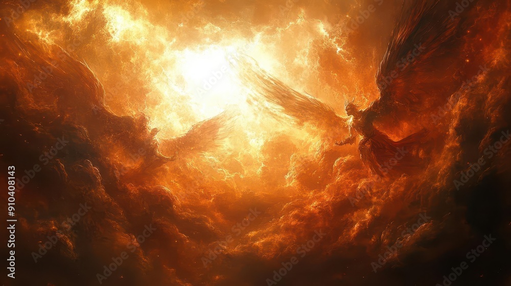 epic battle scene between angels and demons swirling clouds and ...