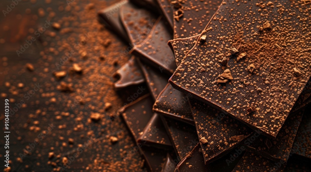 Dark chocolate bars sprinkled with cocoa powder on a dark background ...