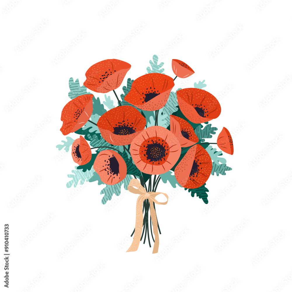 Bouquet of poppy flowers. Poppies tied with a ribbon. isolated vector ...