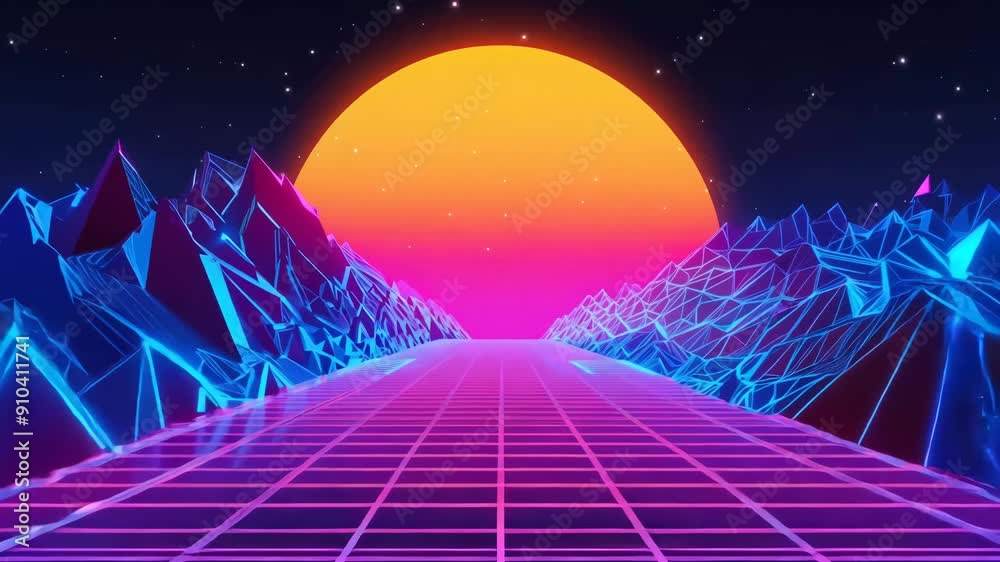 80s retro futuristic sci-fi landscape with nostalgic 90s vibes. Neon ...