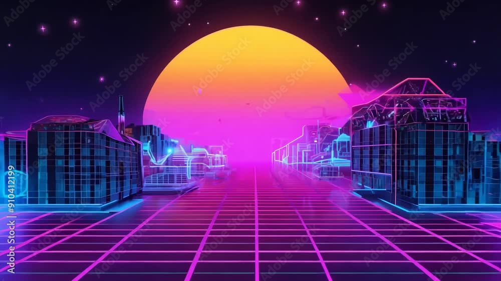 80s retro futuristic sci-fi landscape with nostalgic 90s vibes. Neon ...