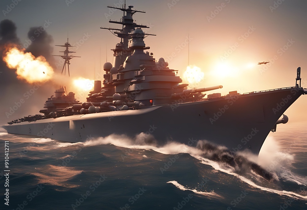 illustration 3d firing guns battleship caliber heavy gun warship ...