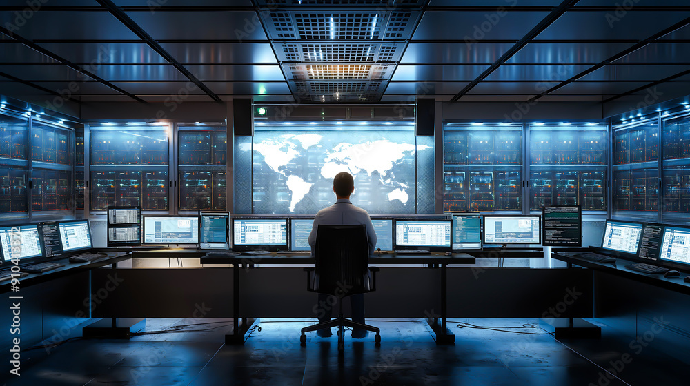 A security expert keeps watch over computer screens in a network ...