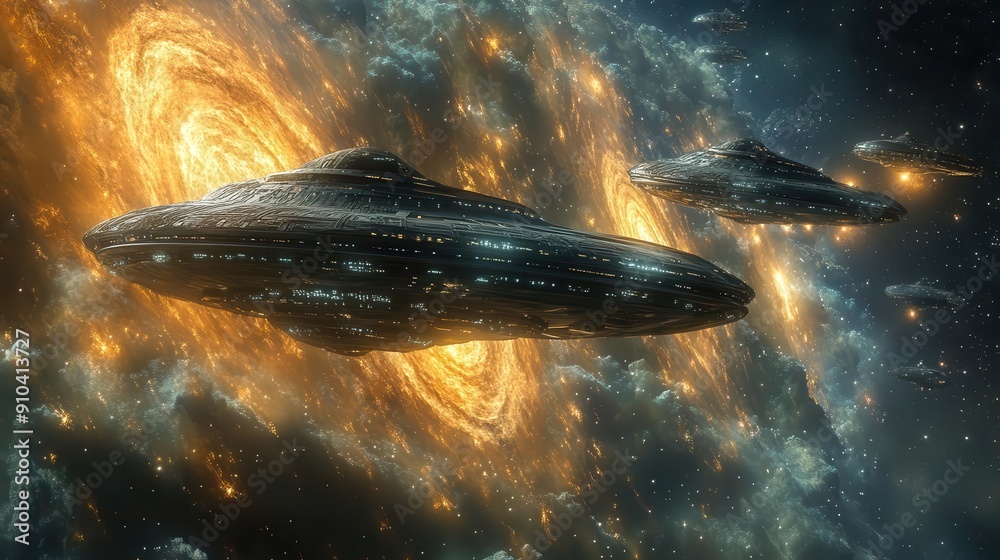 hyperrealistic ufo armada emerging from swirling dimensional rifts ...