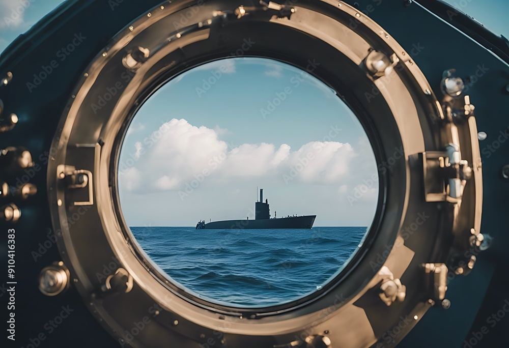 ship submarine underwater porthole view window metal ocean background ...