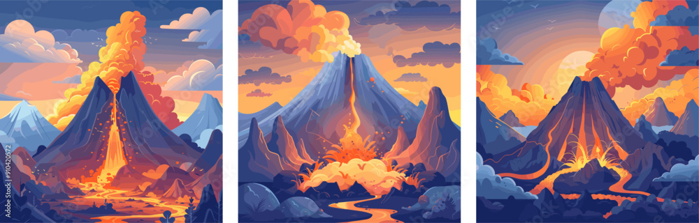 Sunset volcanic eruptions cartoon vector concepts. Lava mountain stone ...