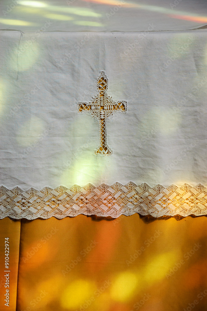 Colorful light spots on the altar cover. Sunlight filtered through the ...