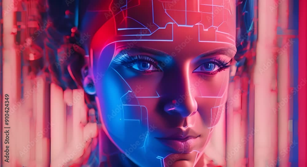 Deepfake A digital face with red and blue lines representing artificial ...