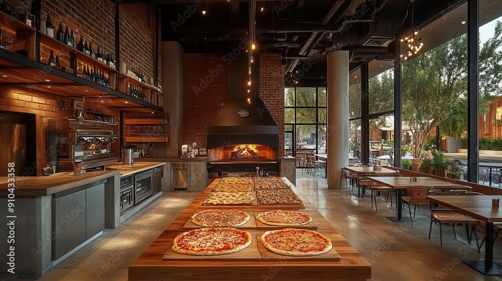 rustic artisanal pizzeria interior with woodfired oven featuring a ...
