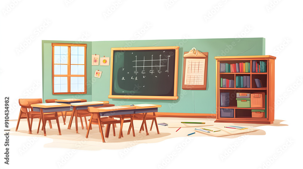 math classroom interior, school classroom with teacher table and desks ...
