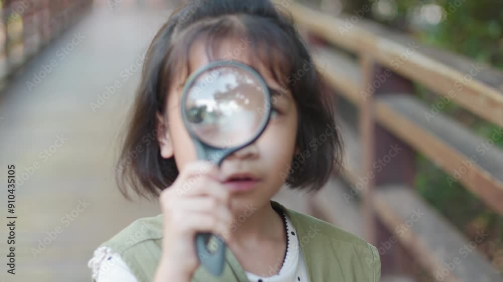 Adorable Asian girl is posing with camera by hand holding magnifying ...