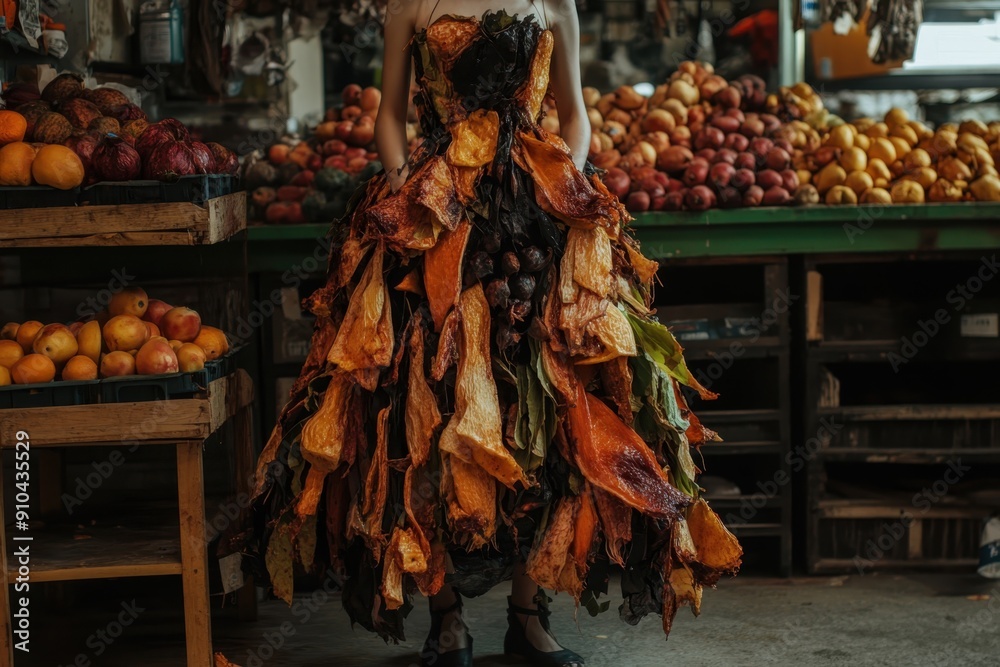 Woman in a dress of rotting fruit symbolizes food waste. Overripe ...