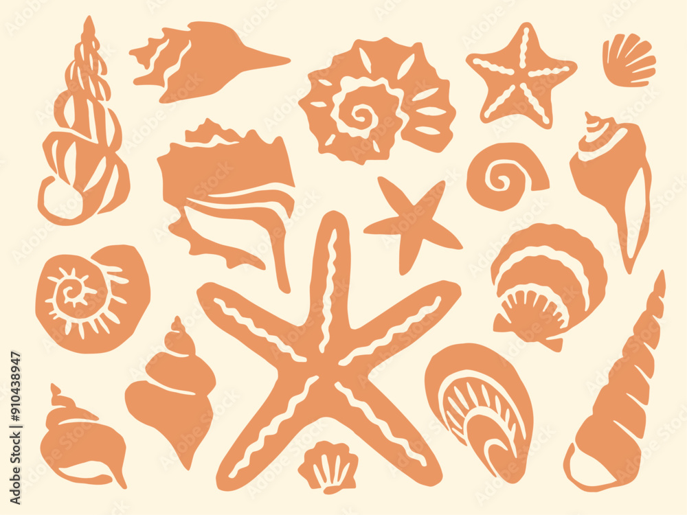 Cut out seashells collection summer beach block print. Peach orange ...