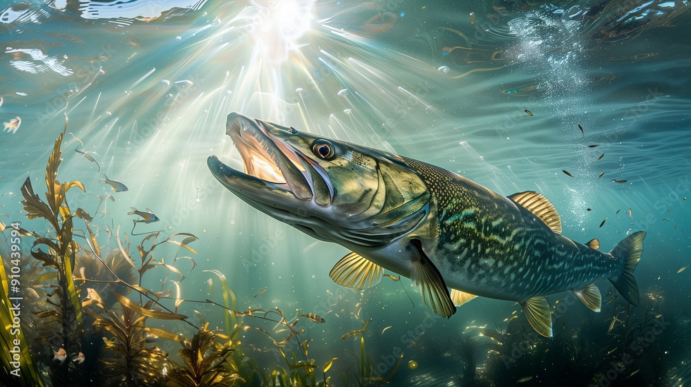 A realistic of a massive musky Esox masquinongy launching a swift ...