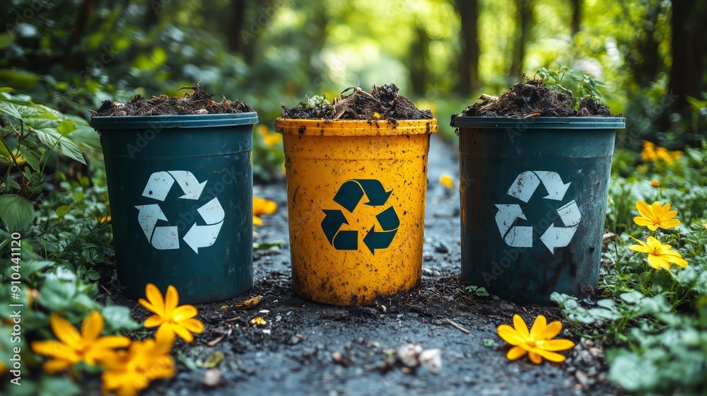 Three colorful recycling bins filled with organic waste stand on a wet ...
