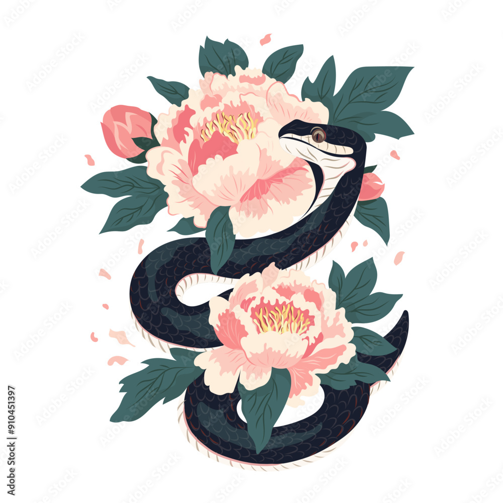 Vetor de Snake with spring bouquet of peonies Vector illustration ...