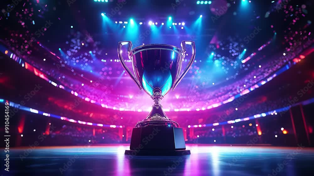 World championship winner cup trophy at sports stadium with red and ...