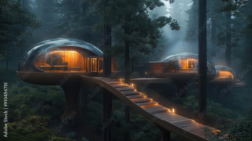 floating treehouse pods in misty redwood forest sustainable design ...