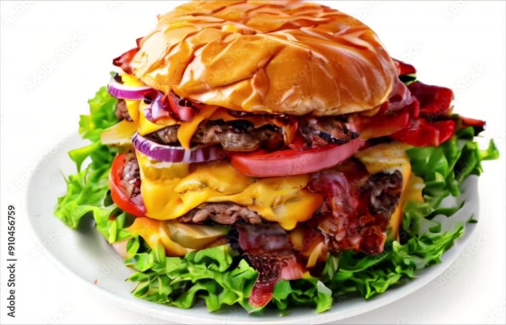 Layered juicy double cheeseburger with fresh lettuce, tomatoes, onions ...