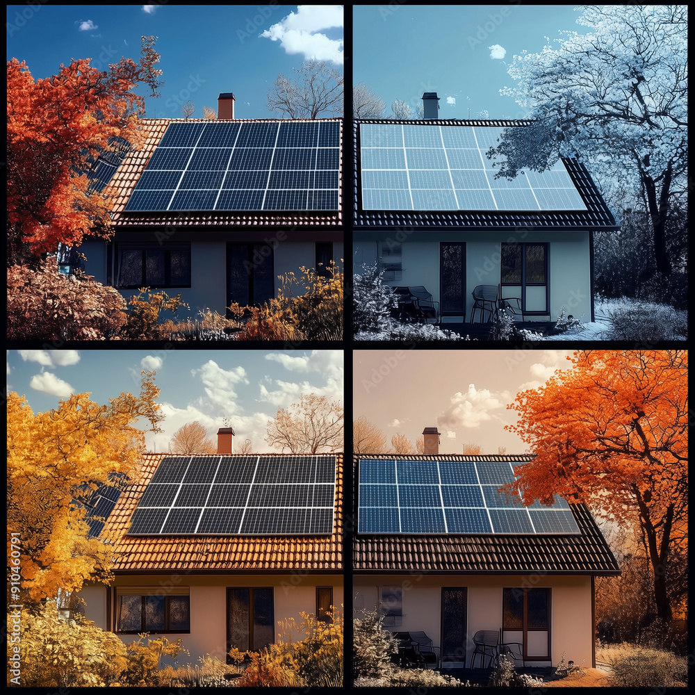 Collage showing a small house with solar panels installed on its roof ...