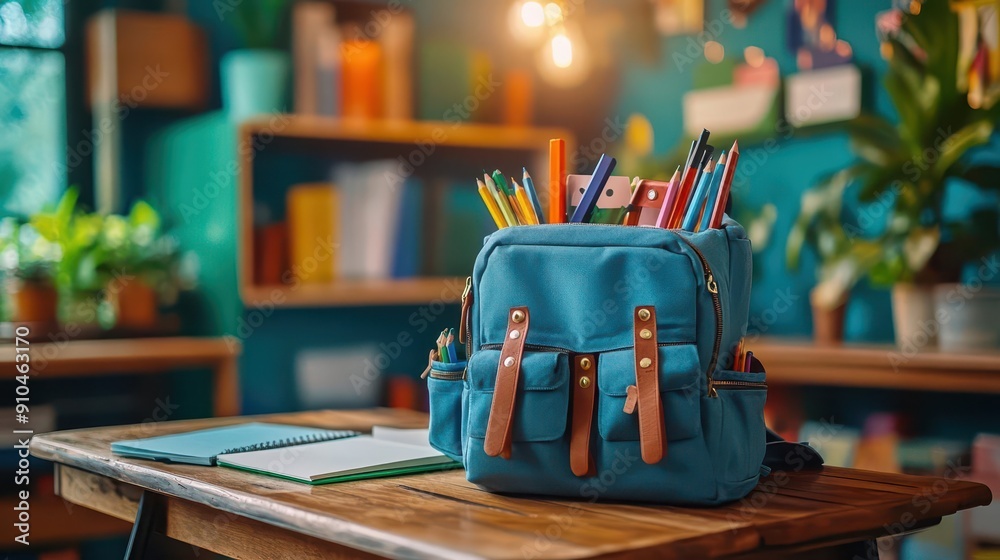 open backpack overflowing with school supplies on wooden desk colorful ...