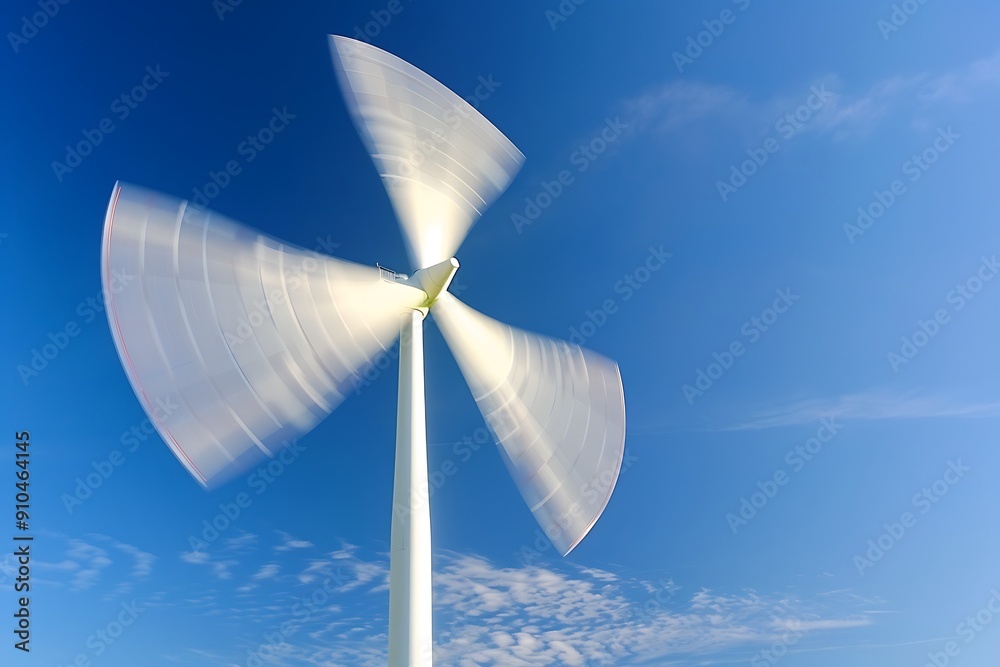 Wind turbine blades spinning rapidly, close-up, clear blue sky, green ...