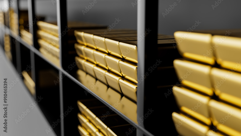 Generic gold reserve vault with stacks of gold bars. Bank vault with gold and cash. 3d rendering ...
