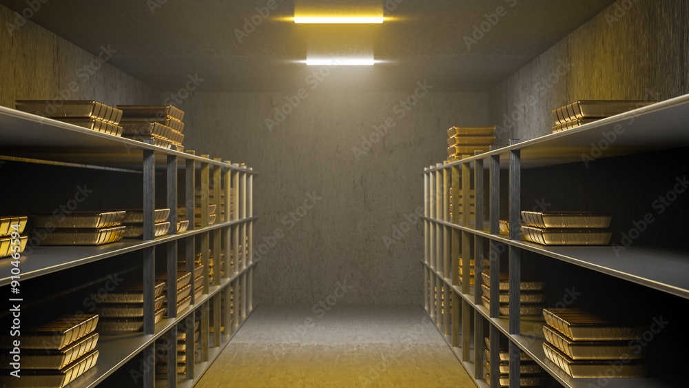 Generic gold reserve vault with stacks of gold bars. Bank vault with gold and cash. 3d rendering ...