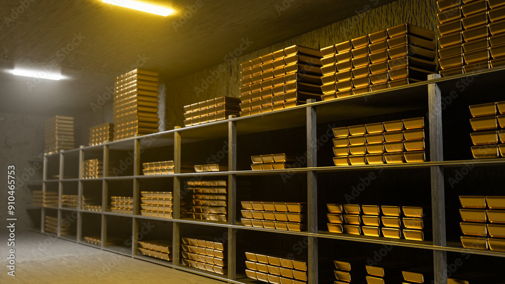 Generic gold reserve vault with stacks of gold bars. Bank vault with gold and cash. 3d rendering ...