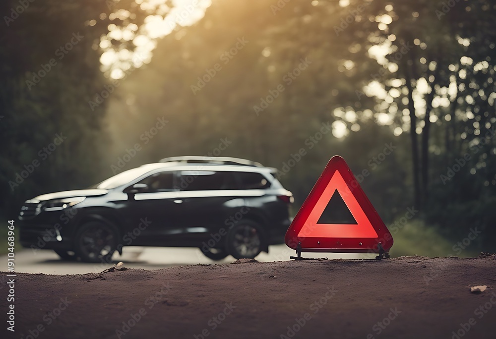 emergency red sign warning stop triangle suv broken black country car ...