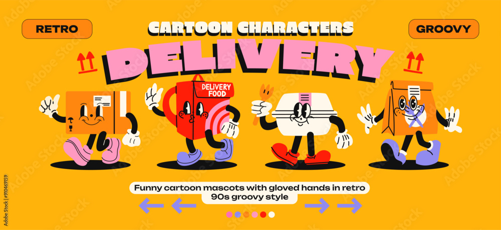 Cartoon mascots delivery. Fast food delivery service, parcels, couriers ...