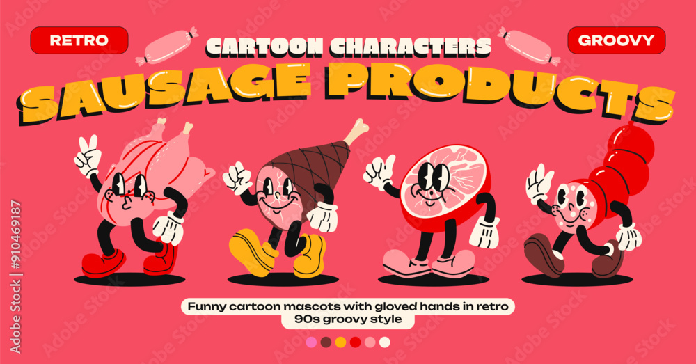 Cartoon mascots meat products. Various types of sausage products: balyk ...