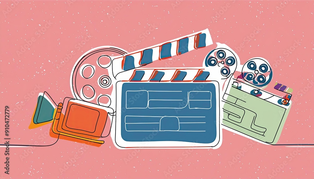 One continuous line drawing of clapper board and films, cameras. Action ...