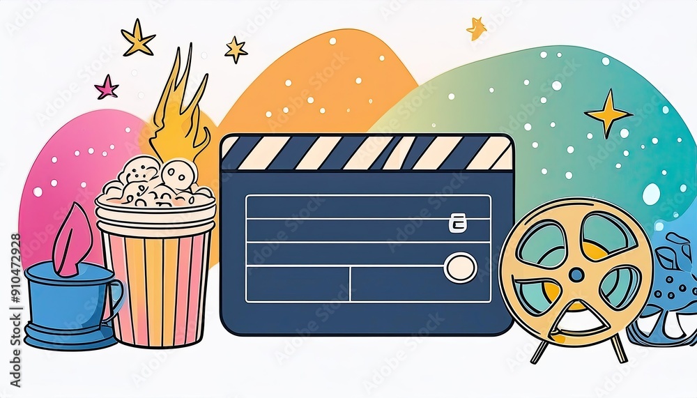 One continuous line drawing of clapper board and films, cameras. Action ...