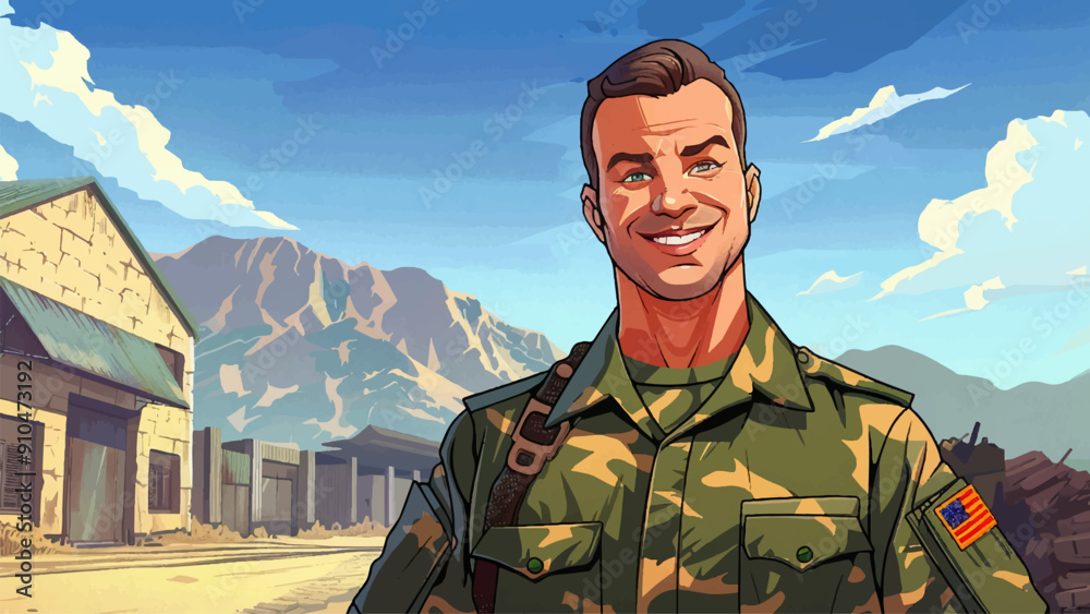 Happy Smiling Man in Military Uniform Against Background of Military ...