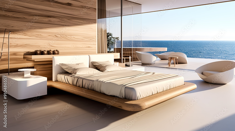 Side view of modern bedroom with sea view. Design and architectural ...