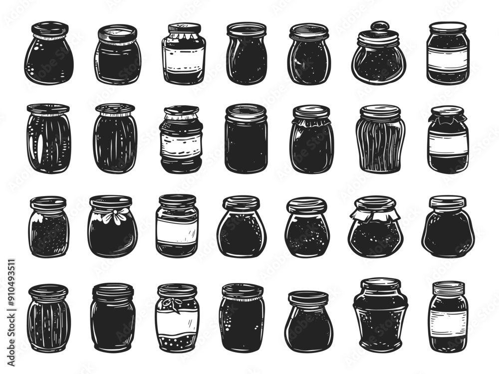 Unlabelled Jars of Peanut Paste in Different Shapes Linocut Print Style ...