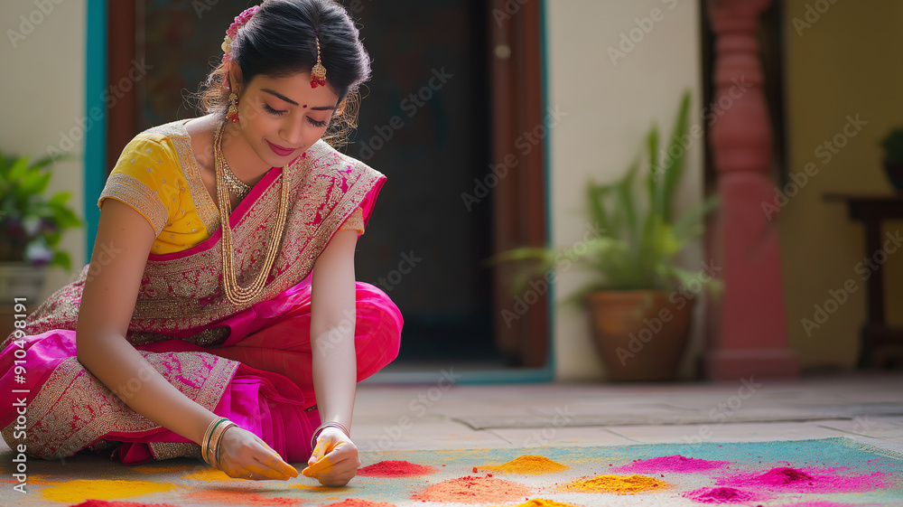 Young Indian Woman Creating Traditional Welcoming Art at Rengoli House ...