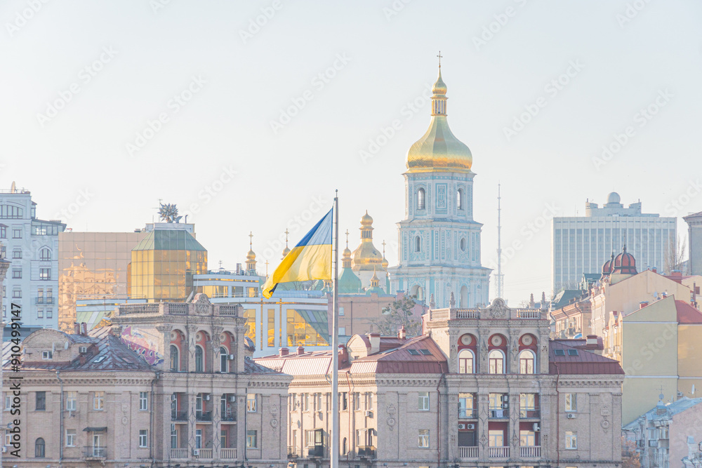 The main symbols of Ukraine - Ukrainian flag and the temple of the ...