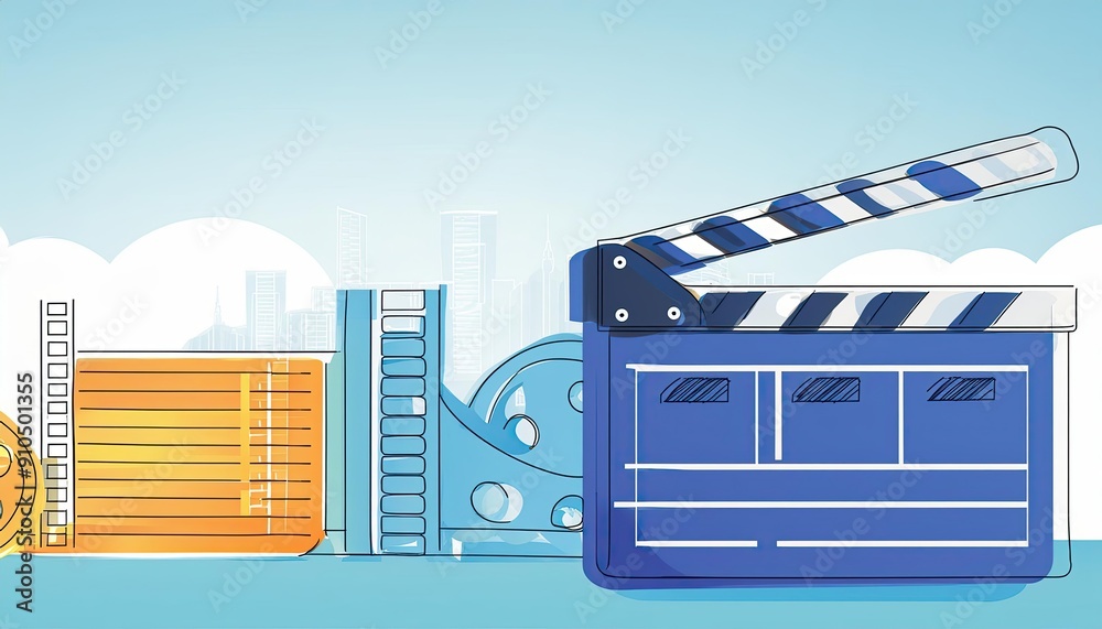 One continuous line drawing of clapper board and films. Action movie ...