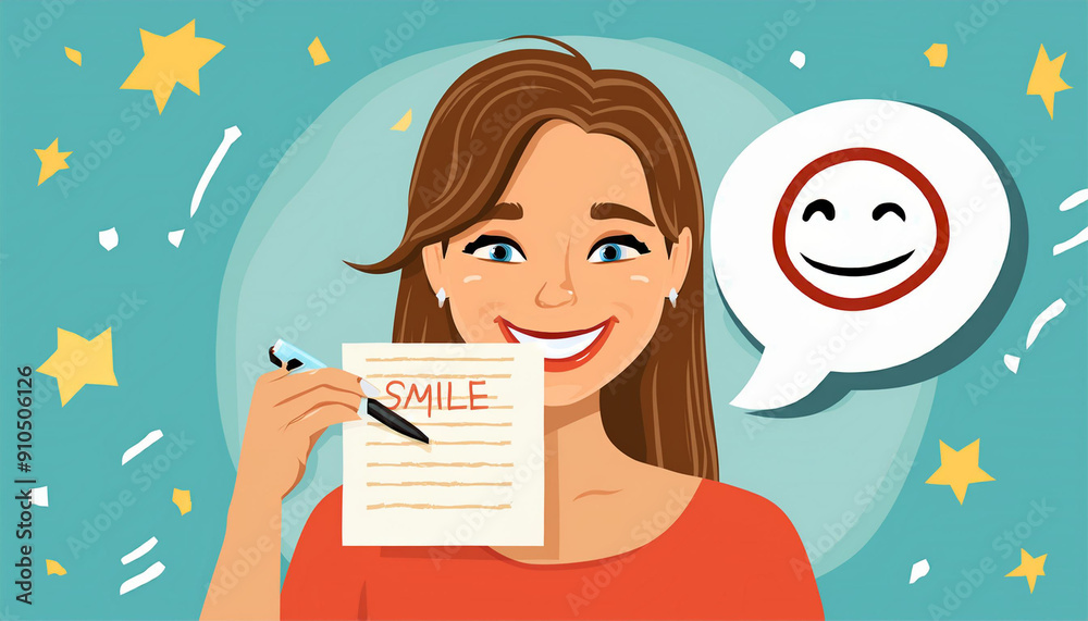 Young happy female writing smile on paper and placing on her mouth ...