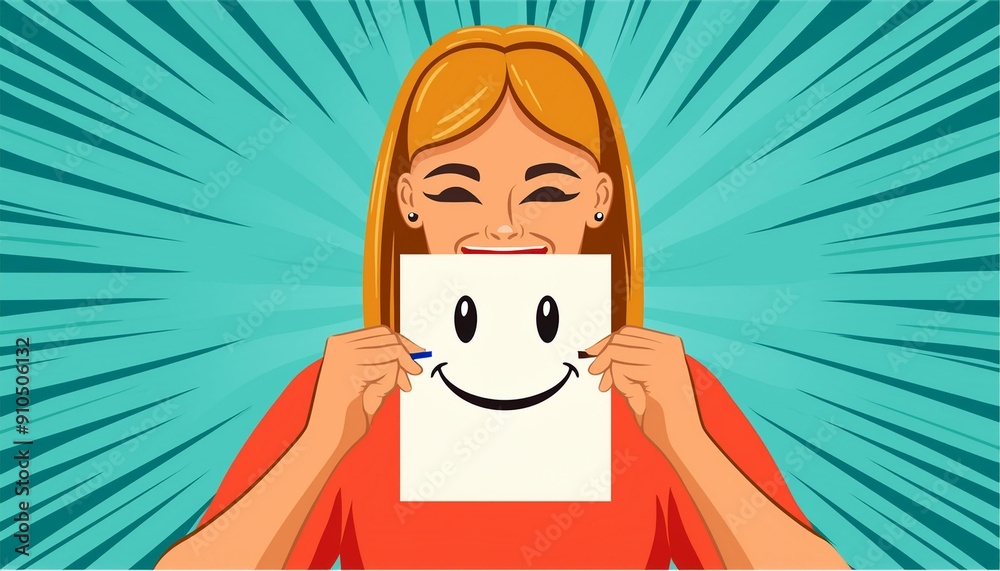Young happy female writing smile on paper and placing on her mouth ...