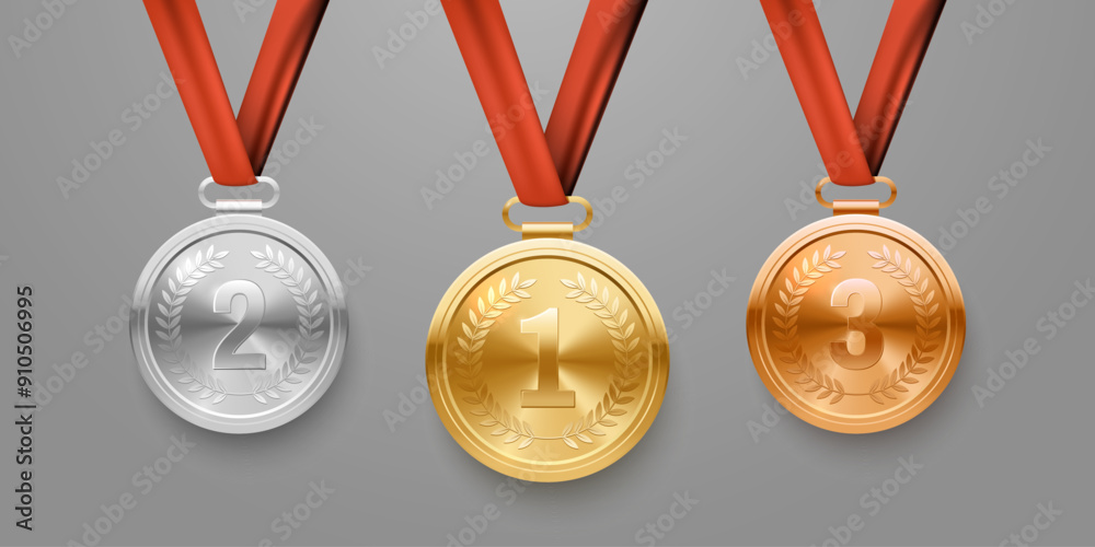 Vector Gold Silver and Bronze Award Medal hanging on a red ribbon ...