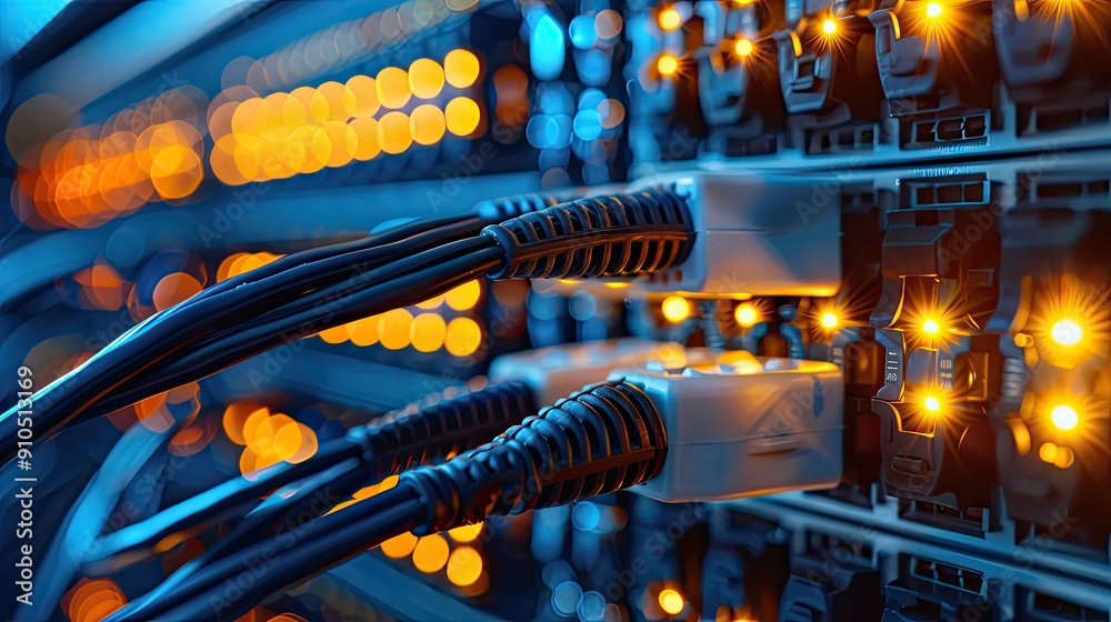 A computer network with many cables and wires. The cables are orange ...