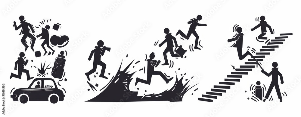 Symbol of car accident, injury arm, stumble pictogram sign set. Warning ...