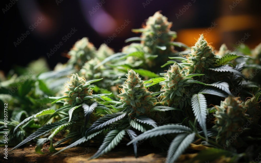 Newly harvested cannabis buds and thriving marijuana plants arranged on ...