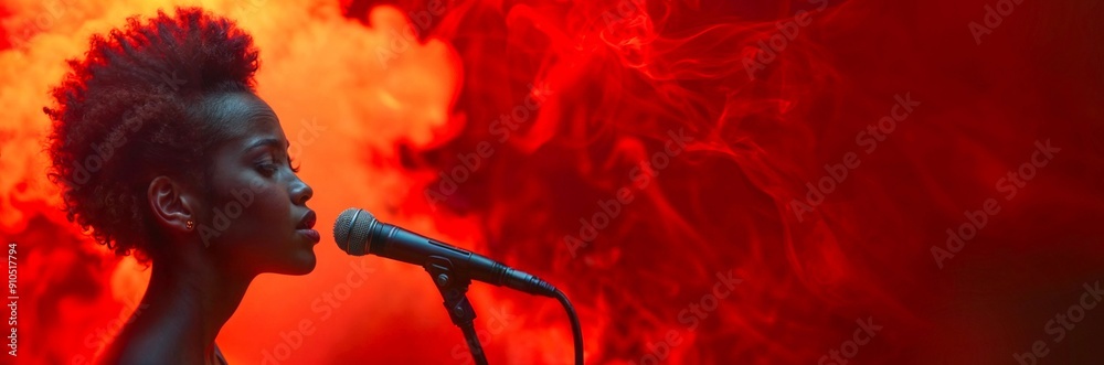 Singer on stage. Black woman silhouette. Female sing on concert. Music ...