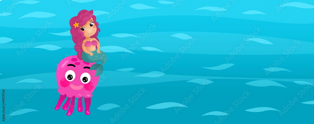 Cartoon ocean and the mermaid in underwater kingdom swimming diving ...