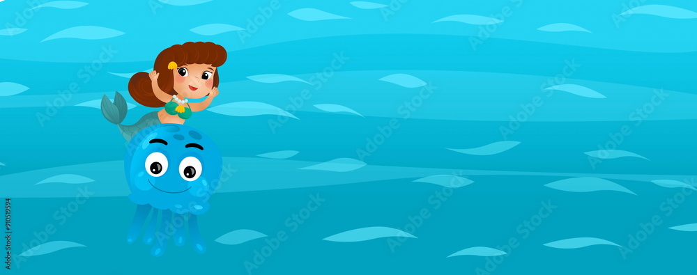 Cartoon ocean and the mermaid in underwater kingdom swimming diving ...