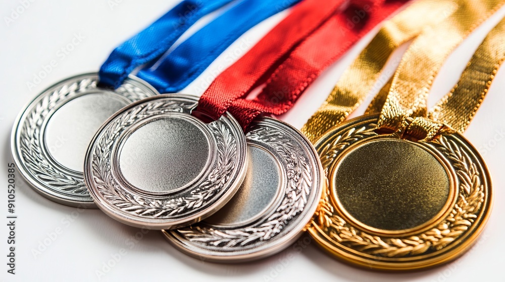 Gold, silver, and bronze awards with ribbons for school, college, or ...